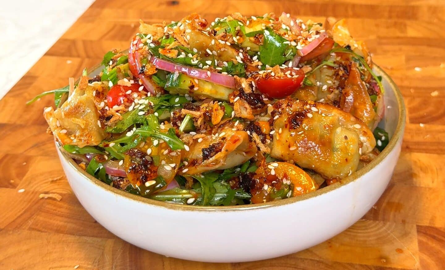 Crispy Dumpling Salad (Vegan) With Spicy Soy Dressing